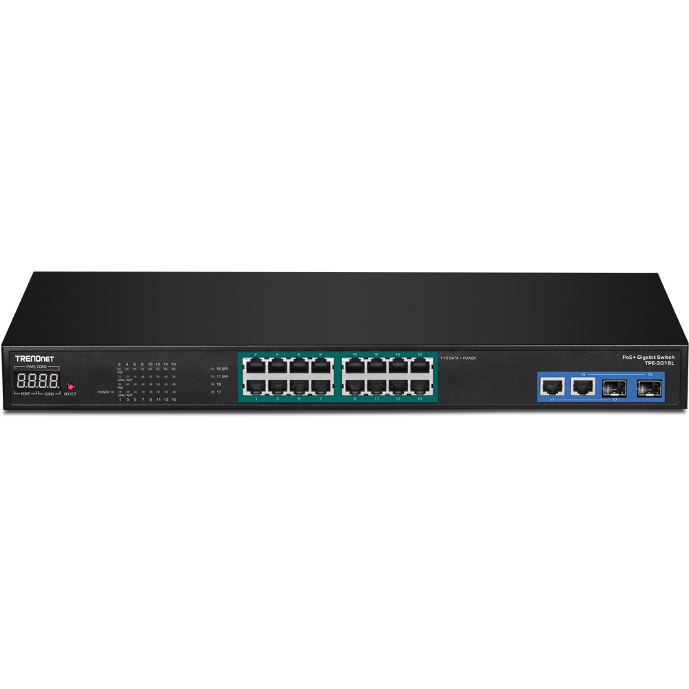 Switch PoE+ NVR Gigabit de 18 puertos con pantalla LED - TRENDnet TPE-3018L